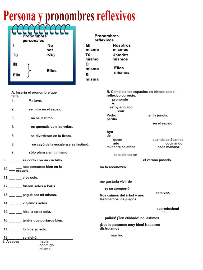 Juegos de Actividades Divertidas Con Pronombres Reflexivos Personales - 48630 | PDF