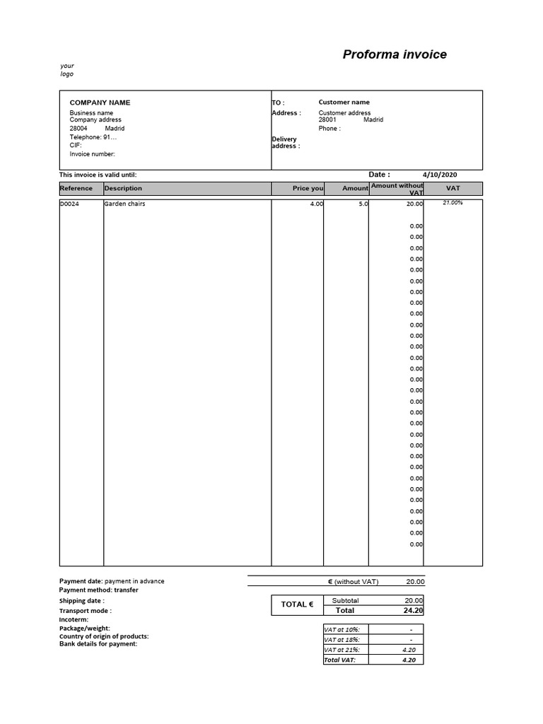 Proforma Invoice Template in Spanish | PDF | Invoice | Value Added Tax