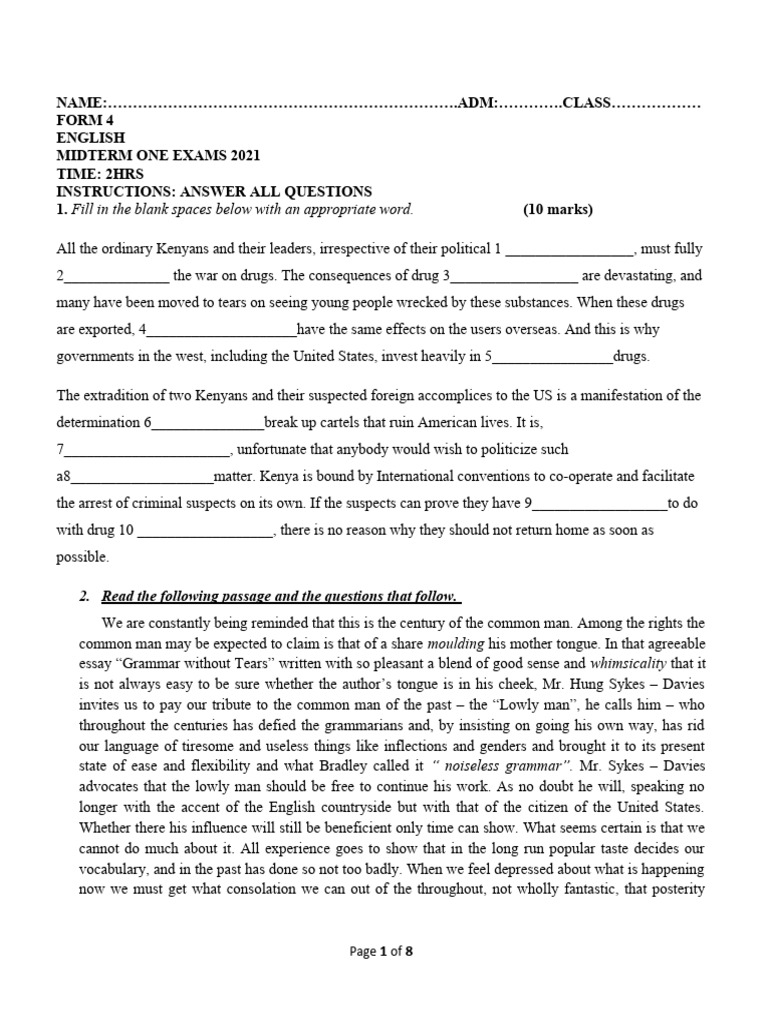 Set2 Eng1 MidTerm 1 2021 Teacher - Co - .Ke F4 Exam | PDF | Linguistics