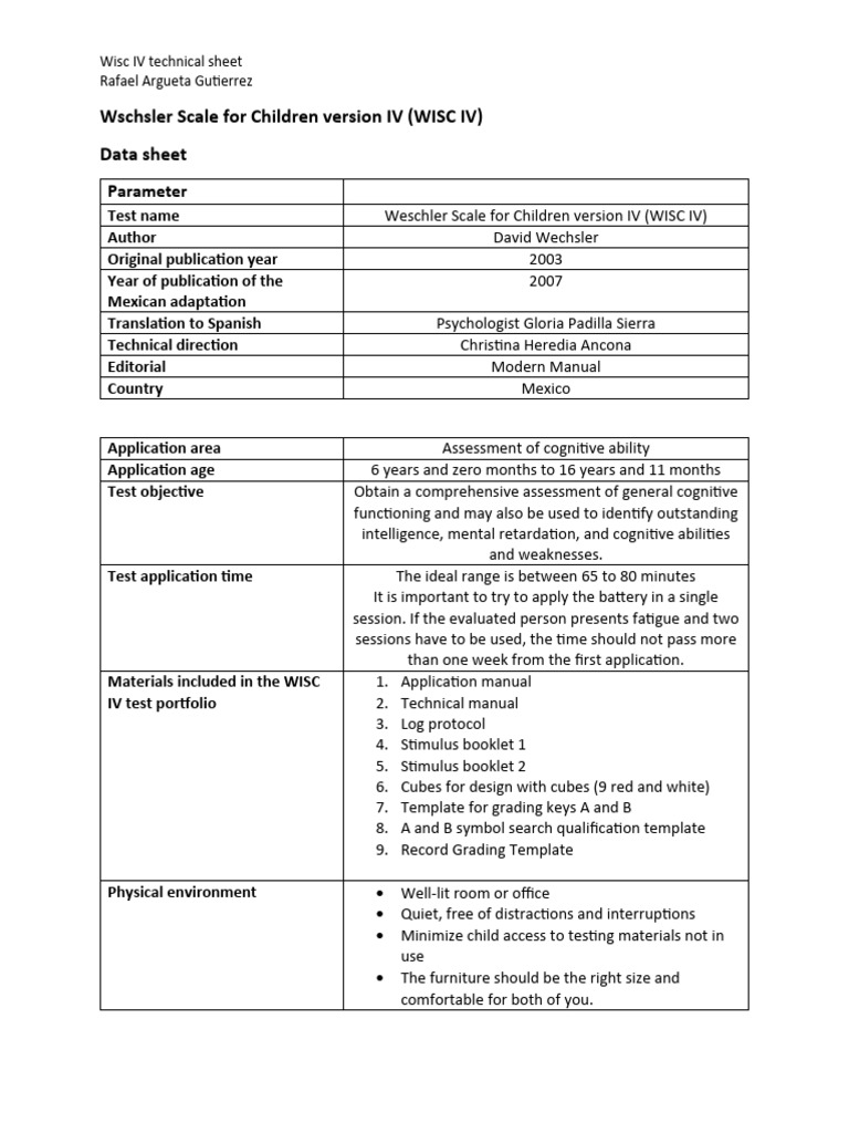 Wisc IV Technical Sheet | PDF | Neuroscience | Learning