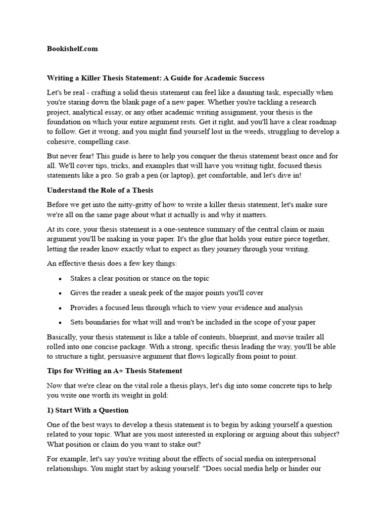 Writing A Killer Thesis Statement - A Guide For Academic Success | PDF | Social Media | Popular ...