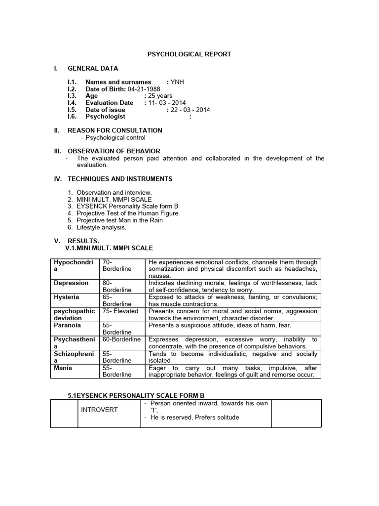 Psychological Report | PDF | Anxiety | Extraversion And Introversion