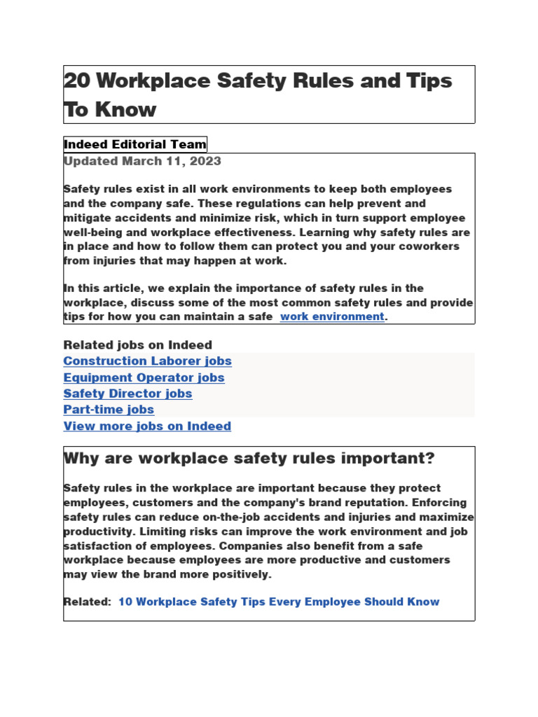 20 Workplace Safety Rules and Tips To Know | PDF | Occupational Safety ...