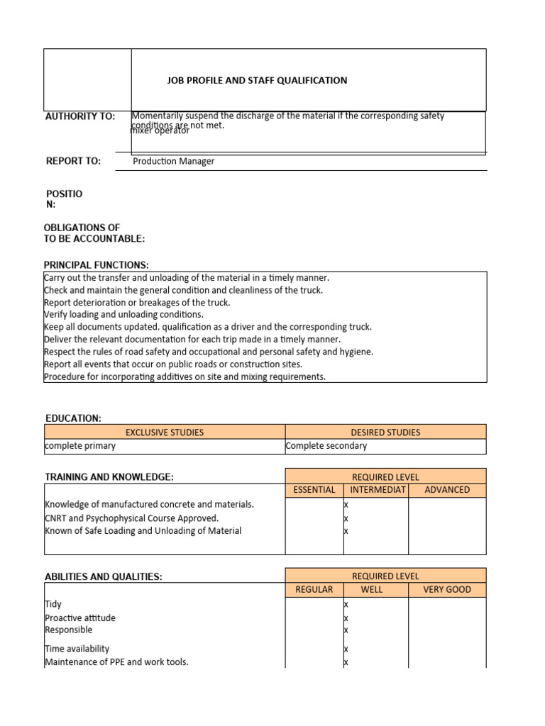 Mixer Job Description and Qualifications | PDF | Safety | Truck