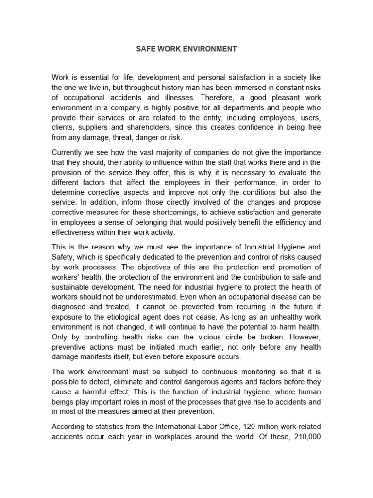 Essay - Safe Work Environment | PDF | Occupational Safety And Health | Risk