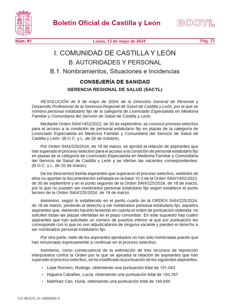 Bocyl Orden Aprobados y Oferta Vacantes Medico Familia | PDF | Cuidado ...