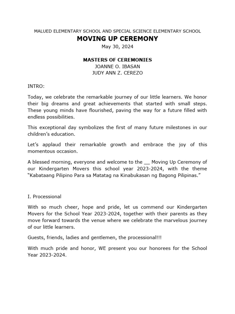 Script - Moving UP - SY 2023 2024 | Download Free PDF | Psychology