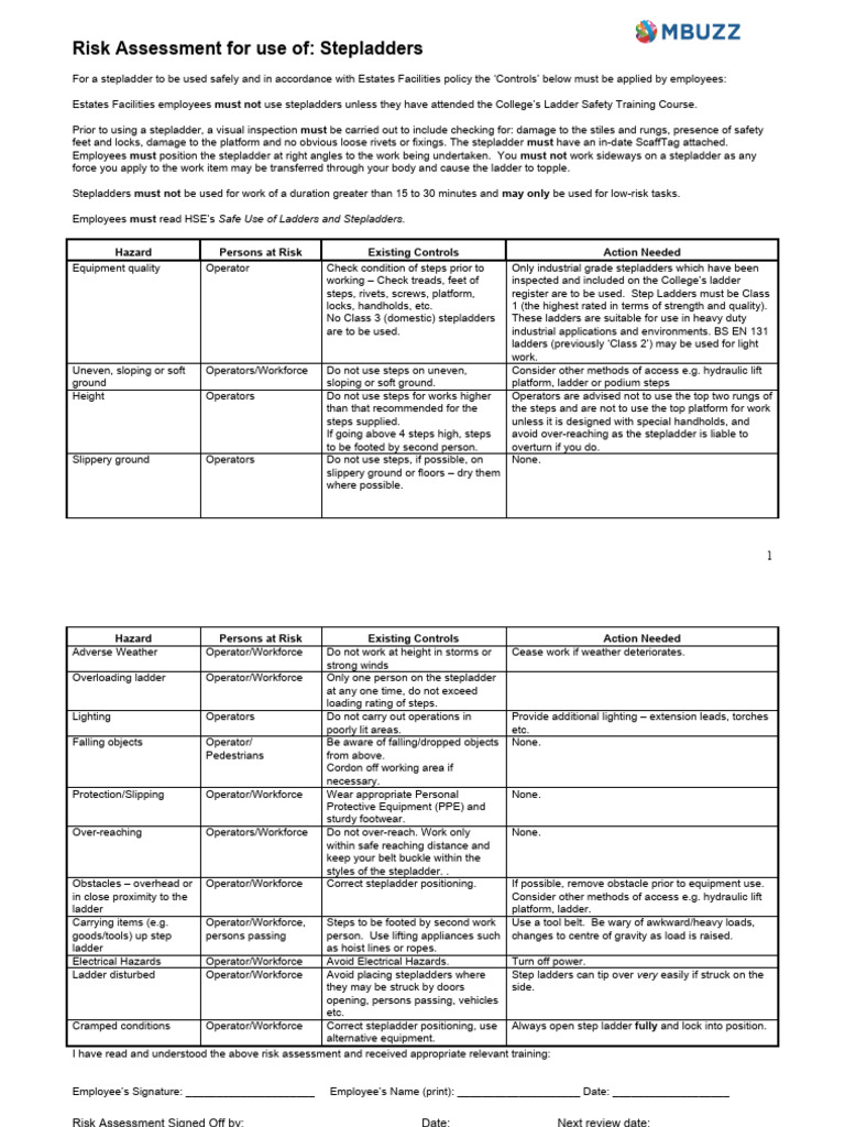 Stepladders Risk Assessment | PDF | Ladder | Safety