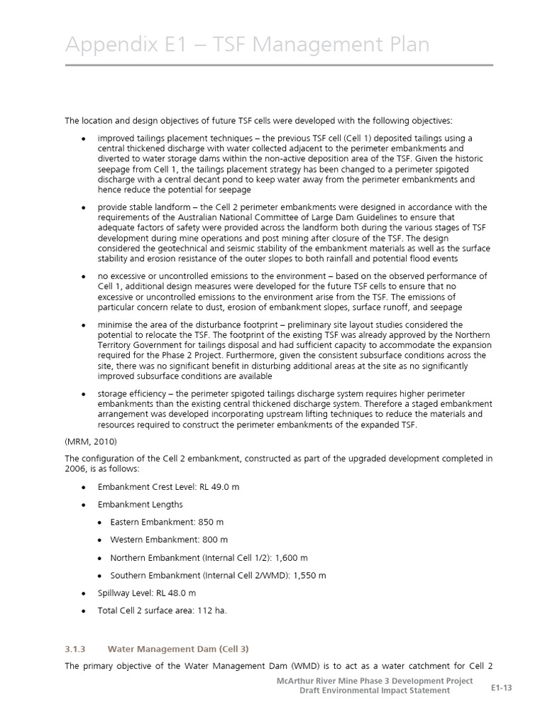 Appendix E1 Tailings Storage Facility TSF Management Plan - 15 | PDF | Dam | Environmental ...
