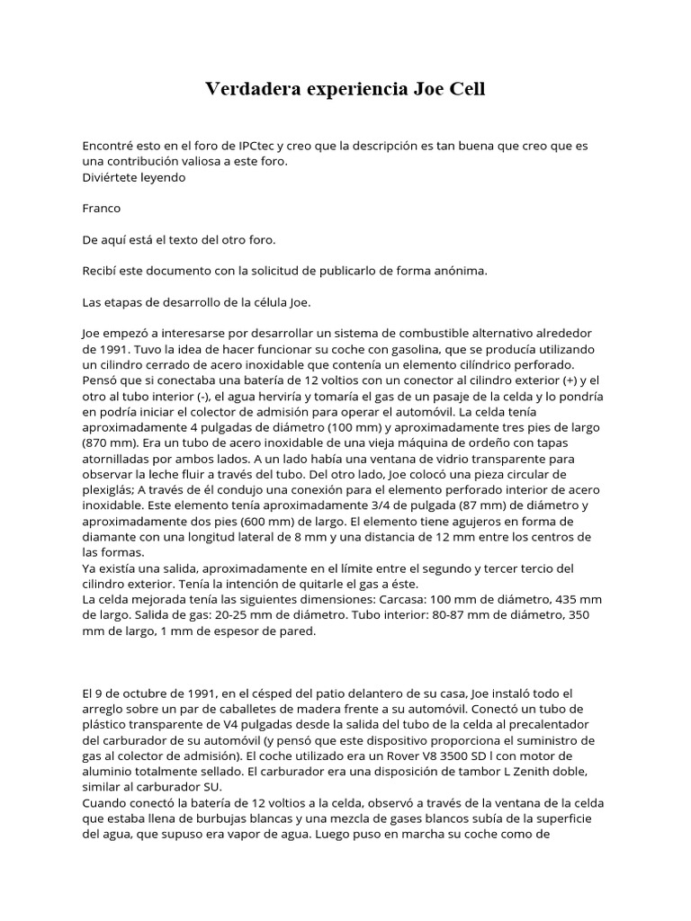 Verdadera Experiencia Joe Cell | PDF | Aislador (Electricidad) | Carburador