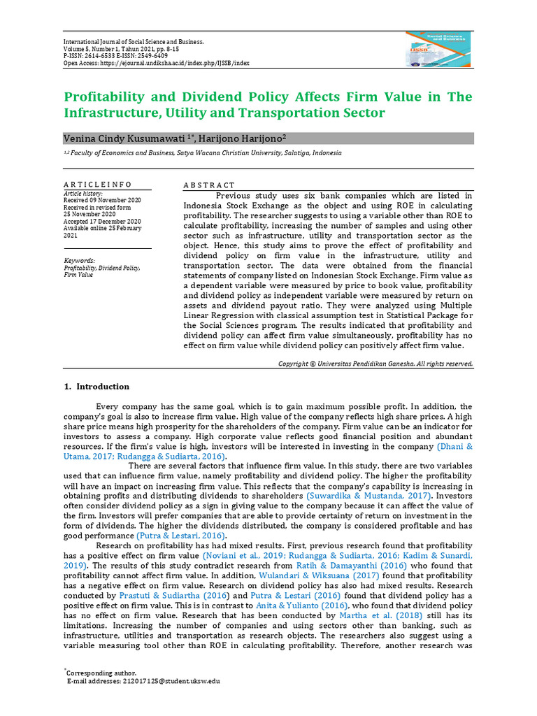 Aditra,+2 +IJSSB+VOL 5+NO +1+Venina+Cindy+Kusumawati+8-15 | PDF | Dividend | Linear Regression
