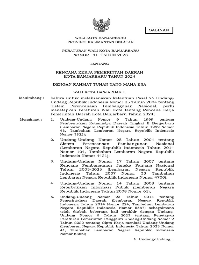 Perwal Kota Banjarbaru No. 41 Tahun 2023 | PDF