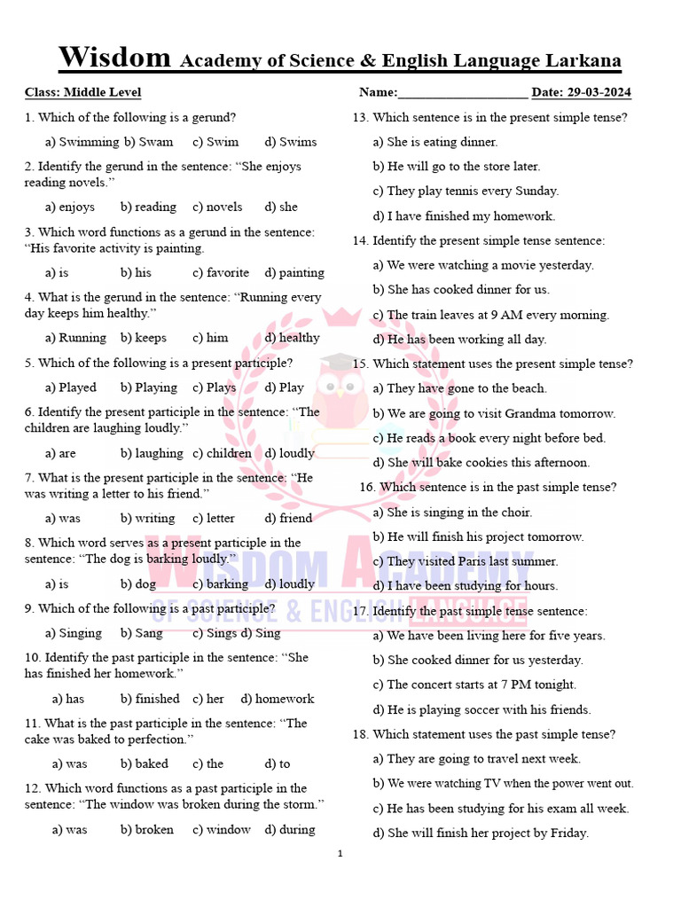 Gerund and Tense Identification Quiz | PDF | Perfect (Grammar ...