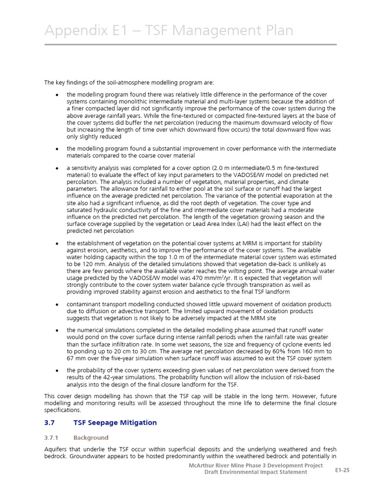 Appendix E1 Tailings Storage Facility TSF Management Plan - 27 | PDF | Surface Runoff | Water
