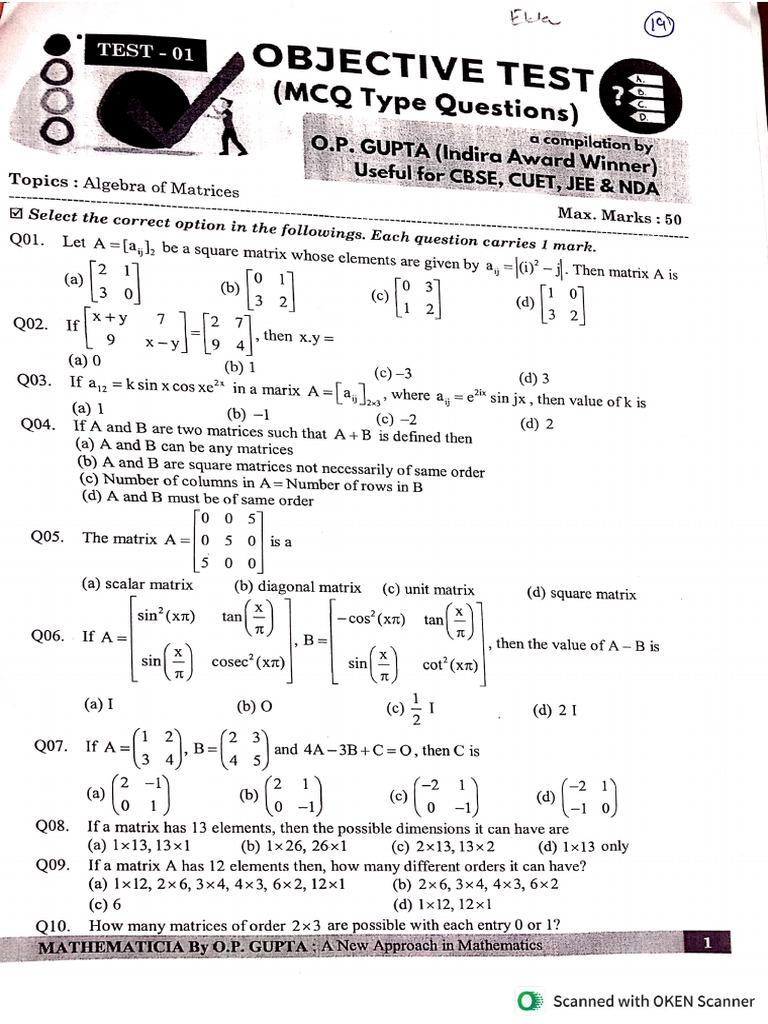 Maths Worksheet Matrices Home Work | PDF