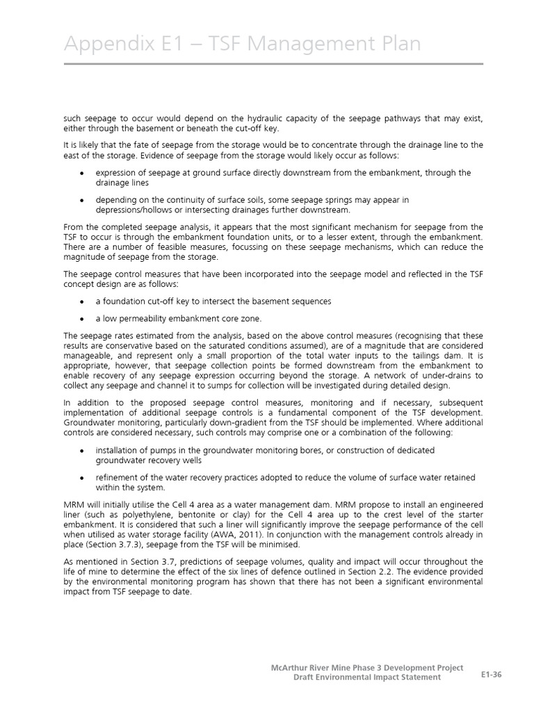 Appendix E1 Tailings Storage Facility TSF Management Plan - 38 | PDF | Soil Mechanics | Groundwater