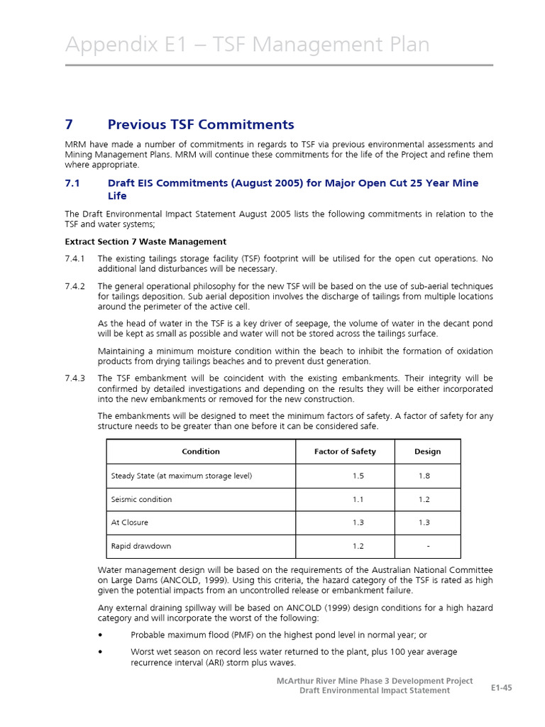 Appendix E1 Tailings Storage Facility TSF Management Plan - 47 | PDF | Mining | Water
