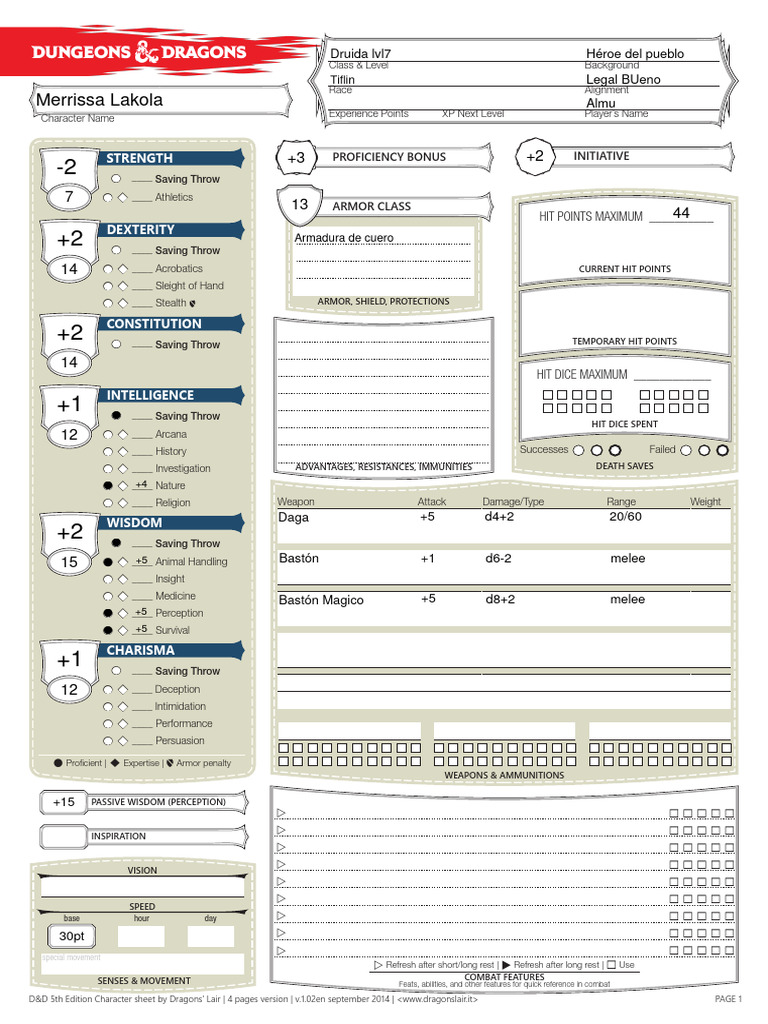 Hoja de Merrissa DND 5e 1 2 lvl7 | PDF