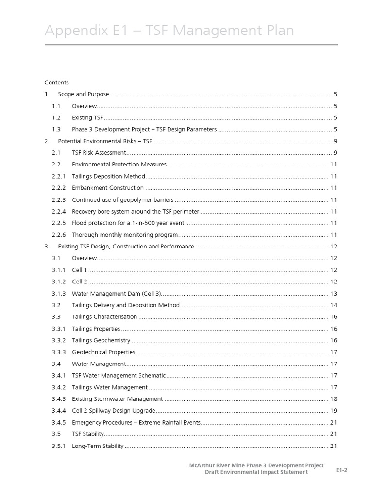 Appendix E1 Tailings Storage Facility TSF Management Plan - 4 | PDF | Hydrology | Earth Sciences