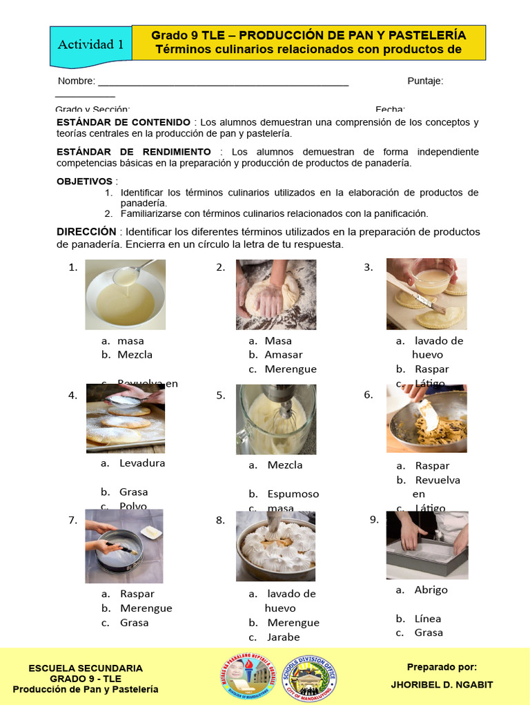 Hoja de Actividades 1 - TLE - Gr.9 - Producción de Pan y Pastelería - Términos Culinarios ...
