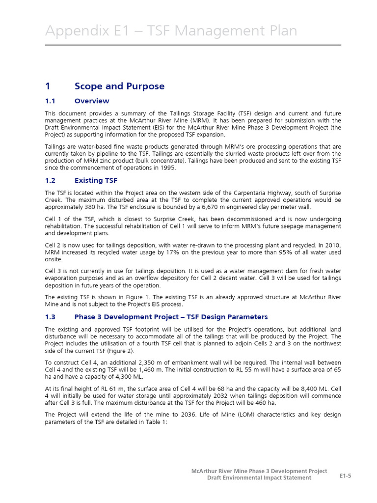 Appendix E1 Tailings Storage Facility TSF Management Plan - 7 | PDF | Heavy Industry | Natural ...