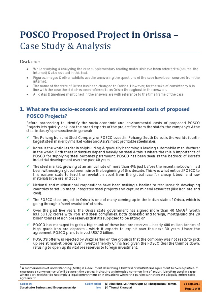 POSCO Proposed Project in Orissa - Case Study & Analysis by Group D | PDF | Iron Ore ...
