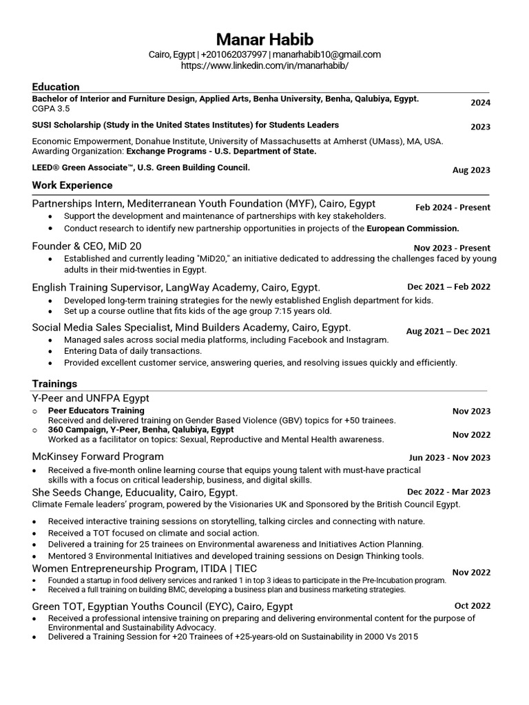 Manar Habib CV 2024 - 2 - Manar Habib | PDF | Startup Company | Small Business & Entrepreneurs