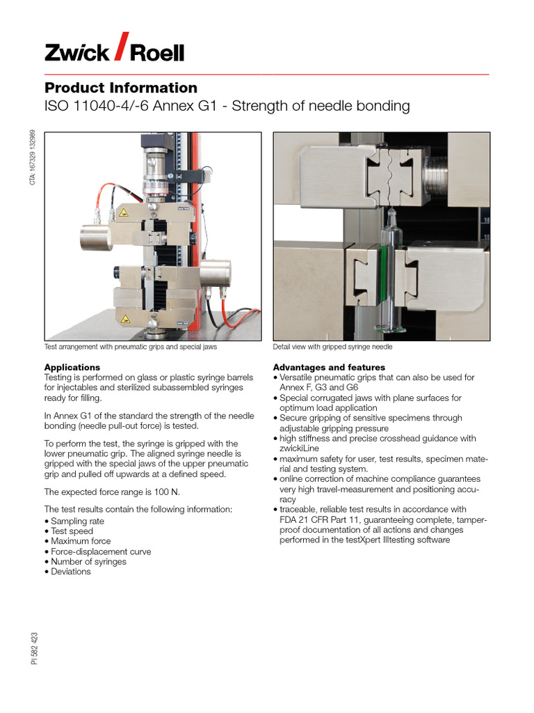 10 582 ISO 11040 4 Annex G1 Strength of Needle Bonding EN | PDF | Syringe