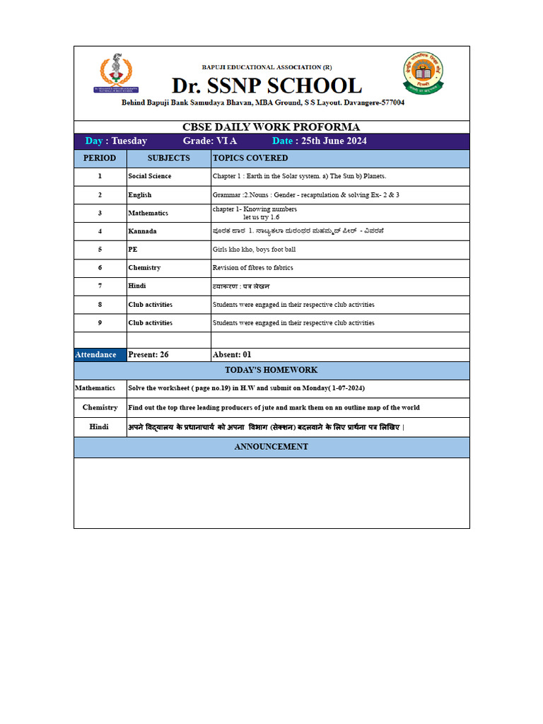 CBSE Daily Work Proforma for Grades VI-IX | PDF | Cell (Biology ...