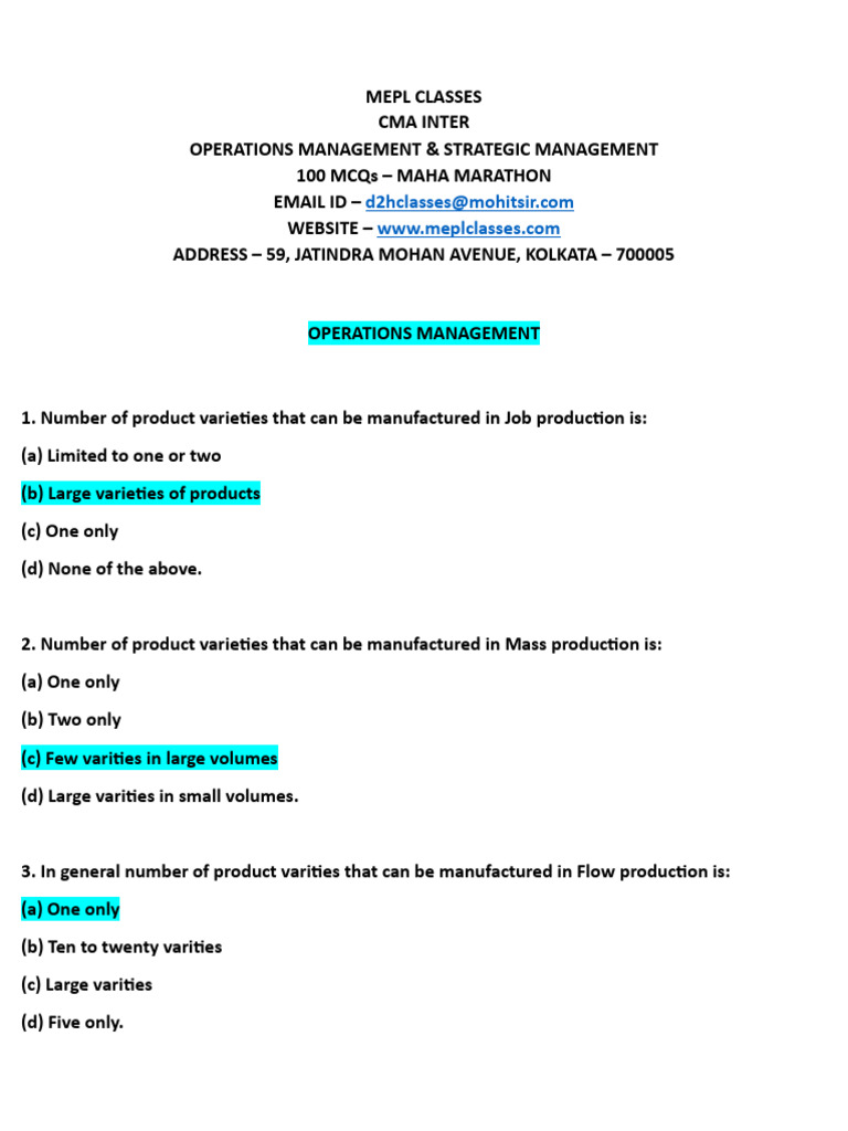 100 MCQs - OM-SM - SOLVED | PDF | Linear Programming | Forecasting