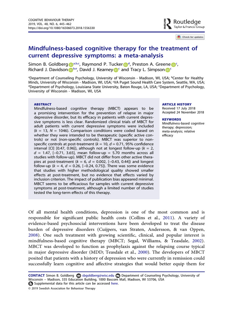 Mindfulness-Based Cognitive Therapy For The Treatment of Current Depressive Symptoms A Meta ...