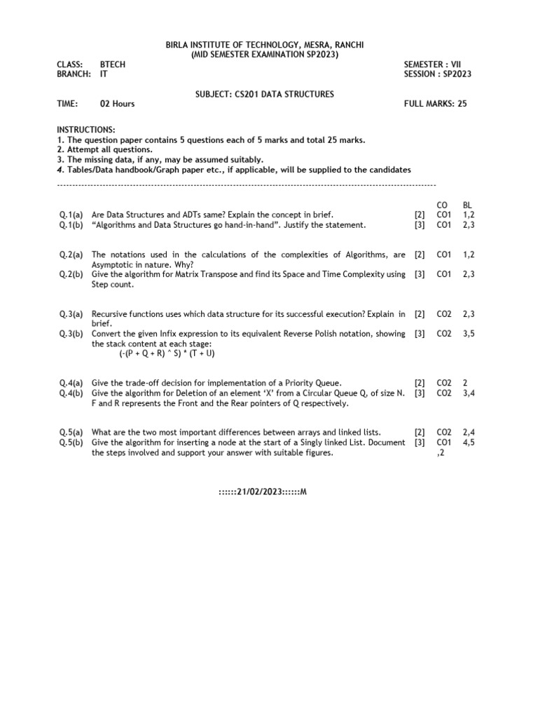 Cs201 Data Structures (Mid - sp23) | PDF | Algorithms And Data Structures | Theoretical Computer ...