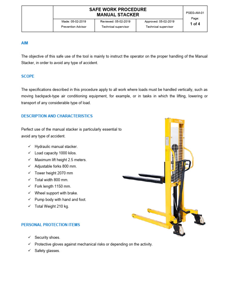 Safe Procedure For Using A Manual Stacker | PDF | Forklift | Elevator
