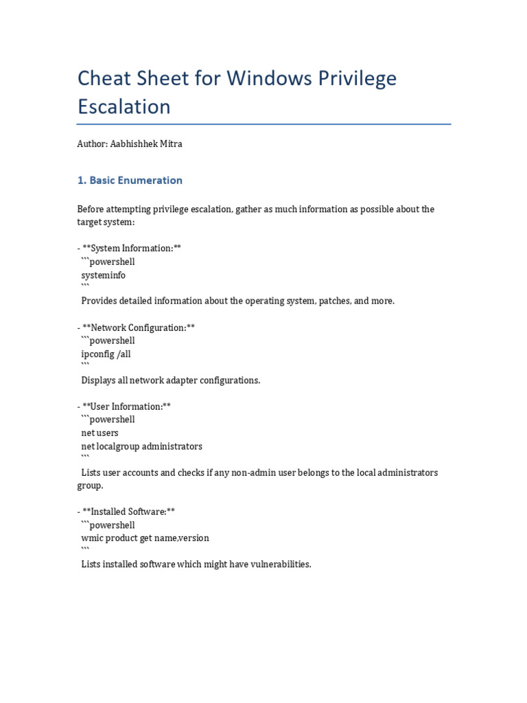 Cheat Sheet For Windows Privilege Escalation | PDF | Windows Registry | Cybercrime