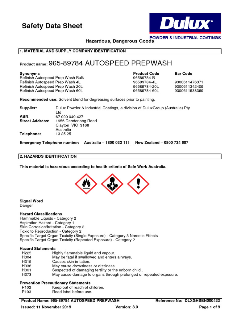 AUTOSPEED PREPWASH Safety Data Sheet | PDF | Dangerous Goods | Toxicity