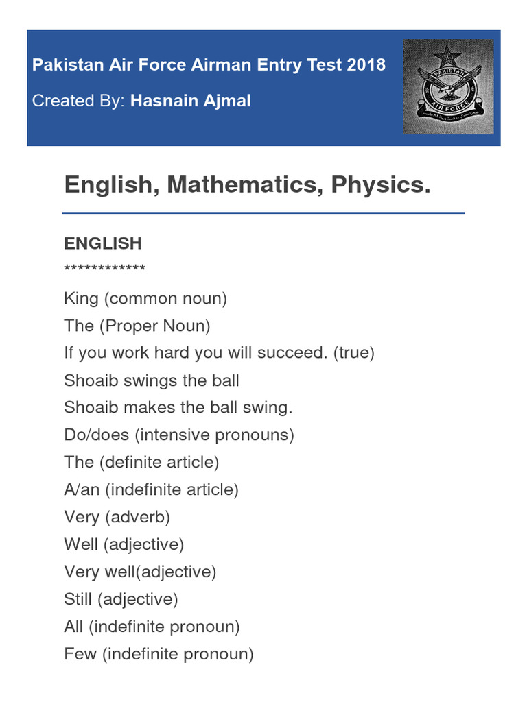 PAF Model Paper Last Year 2018 Acadamic Session..-1 | PDF | Pronoun | Noun