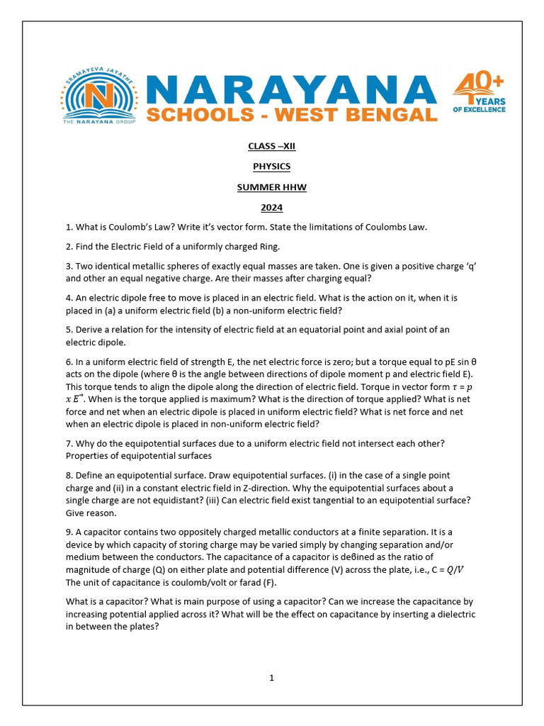 Physics Xii Summer HHW 2024 | PDF | Capacitance | Capacitor