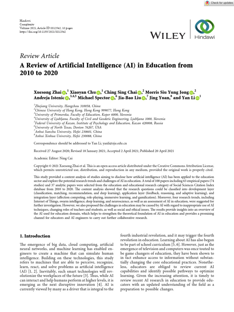 Complexity - 2021 - Zhai - A Review of Artificial Intelligence AI in ...