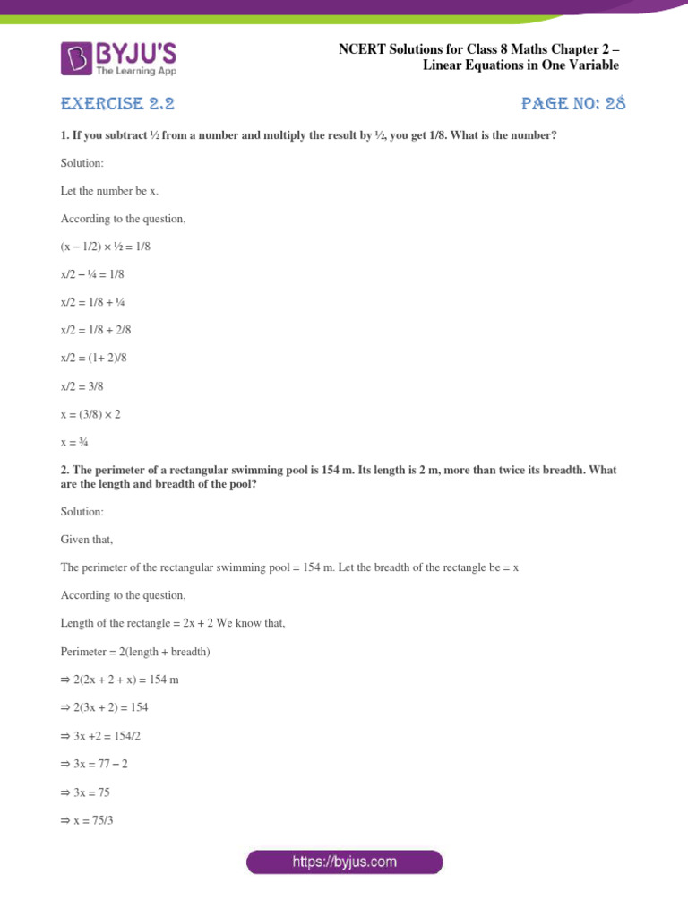 Ncert Solutions For Class 8 Maths May22 Chapter 2 Linear Equations in ... Ncert Solutions For Class 8 Maths May22 Chapter 2 Linear Equations in ...
