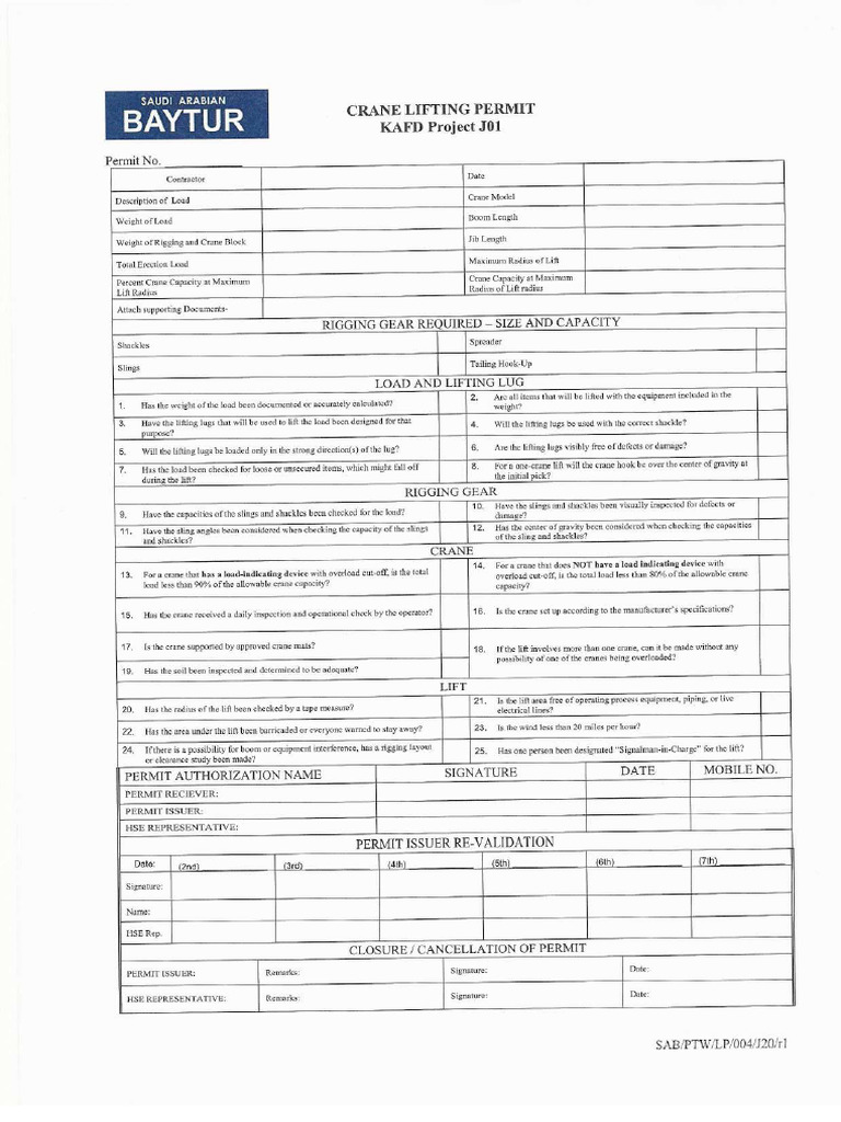 Permit To Work Form - Lifting | PDF