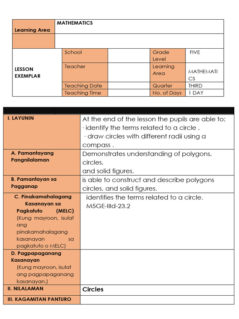 Cot Math 5 Q3 | PDF | Circle | Diameter