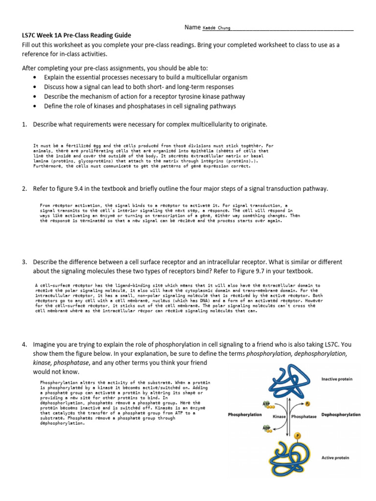 LS7C Week 1A Pre-Class Reading Guide | PDF | Cell Signaling | Signal Transduction