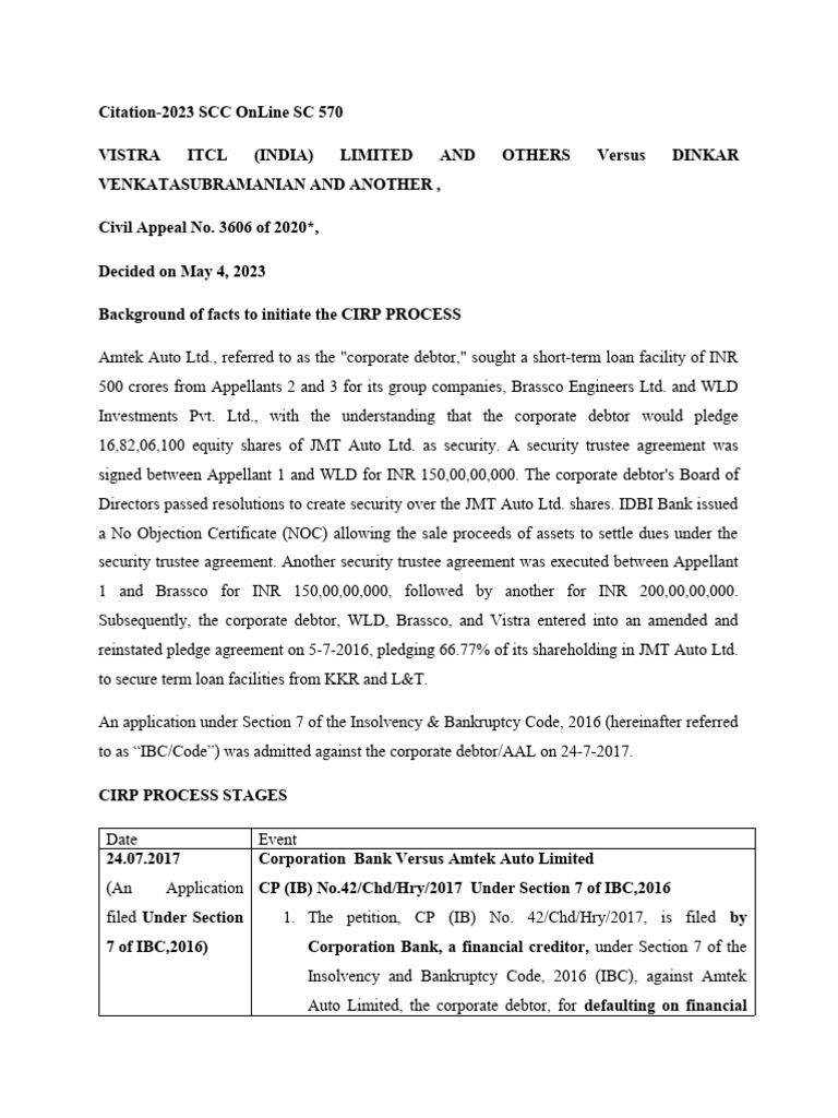 Vistra ITCL (India) Limited & Ors. v. Mr. Dinkar Venkatasubramanian & Anr. | PDF | Bankruptcy ...