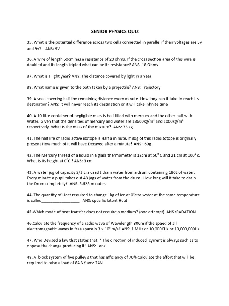 Senior Physics Quiz Questions and Answers | PDF | Waves | Temperature