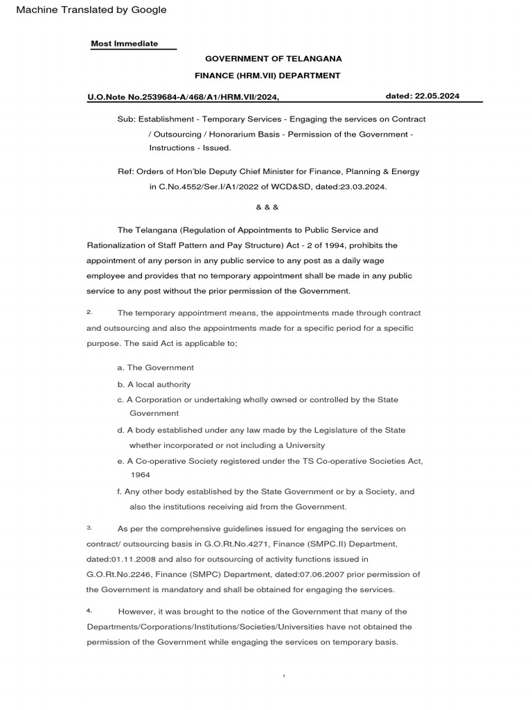 U.O. Note on Temporary Services in Telangana | PDF | Justice | Crime ...