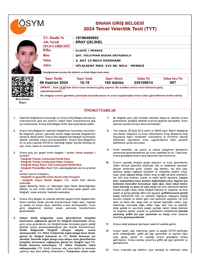 Sınava Giriş Belgesi | PDF