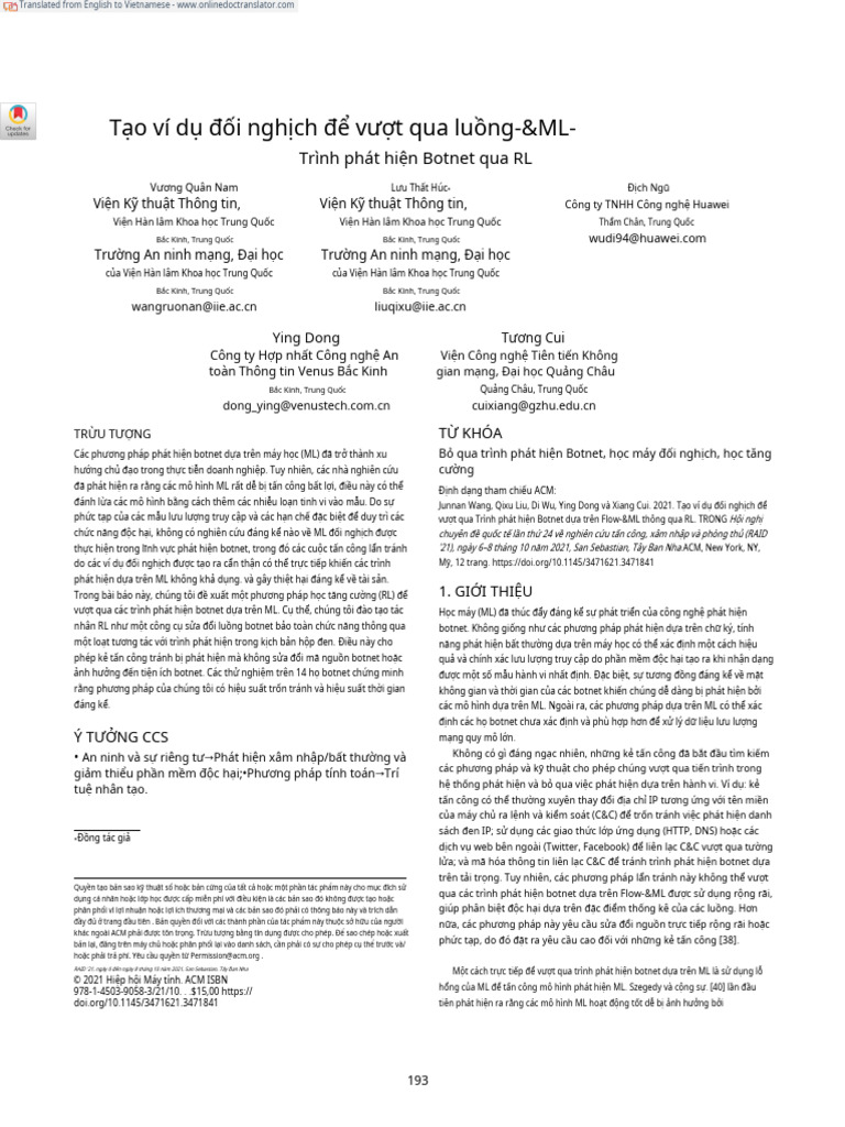 Crafting Adversarial Example To Bypass Flow-&ML - Based Botnet Detector Via RL - En.vi | PDF