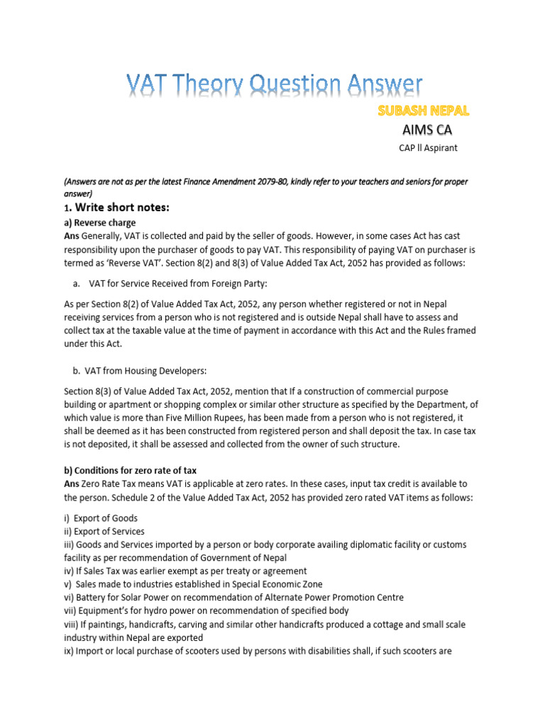 VAT Theory Question Answer by Subash Nepal | PDF | Value Added Tax | Taxes