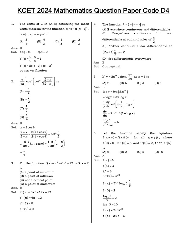 KCET 2024 Mathematics Question Paper Code D4 | PDF | Line (Geometry) | Geometry