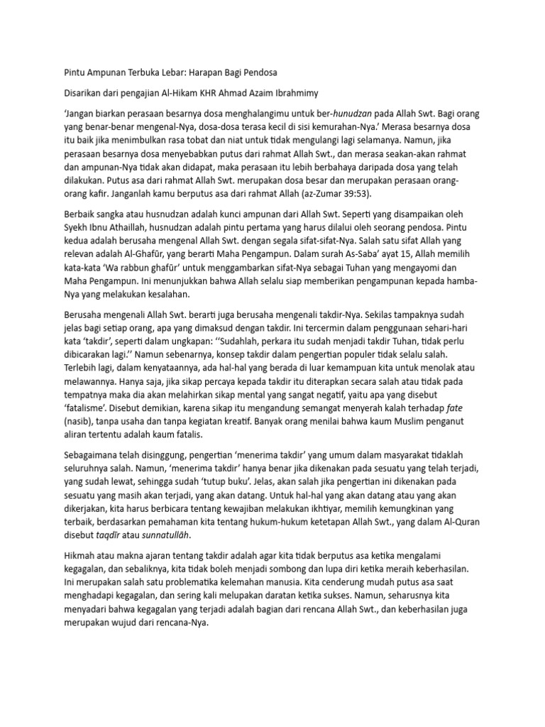 Ampunan Allah Lebih Luas Daripada Dosa Hamba | PDF